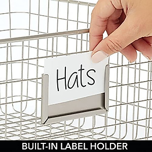 mDesign Wide Metal Farmhouse Storage Organizer Bin Baskets with Label Slot for Closet, Cabinet, Cupboard - Wire Organizing Basket Holds Clothing, Linens, Shoes, Omaha Collection, 2 Pack, Satin