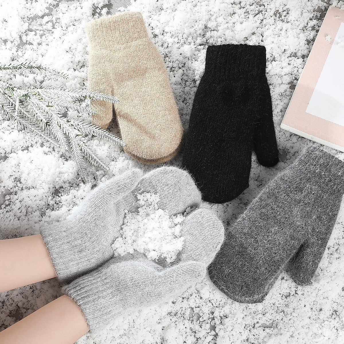 Hicarer 4 Pairs Women Mittens for Women Adult Winter Ladies Mittens Knitted Gloves Warm Fleece Mittens Double Wool Gloves, Black, Grey, Light Grey, Camel, about 3.9 x 9 inches