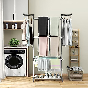 Giantex Foldable Clothes Drying Rack, Oversized 4-Tier Collapsible Laundry Rack w/ 3 Retractable Trays, Hanger Holders, Moveable Laundry Garment Dryer Stand w/Wheels for Indoor Outdoor Use
