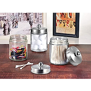 Apothecary Jars Bathroom Vanity Organizer -Countertop Canister Jar with Storage Lid - Qtip Dispenser Holder Glass for Qtips,Cotton Swabs,Makeup Sponges ,Hair Band - Brushed Nickel (1 Pack)