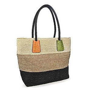 HOXIS Color Block Crocodile Pattern Stripes Woven Synthetic Straw Tote Womens Shoulder Vacation bag (Khaki)