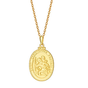 FANCIME Saint Christopher Pendant 925 Sterling Silver Yellow Gold Plated Round Coin Medal Necklace Jewelry Gift for Women, 16" + 2" Chain with Lobster Clasp