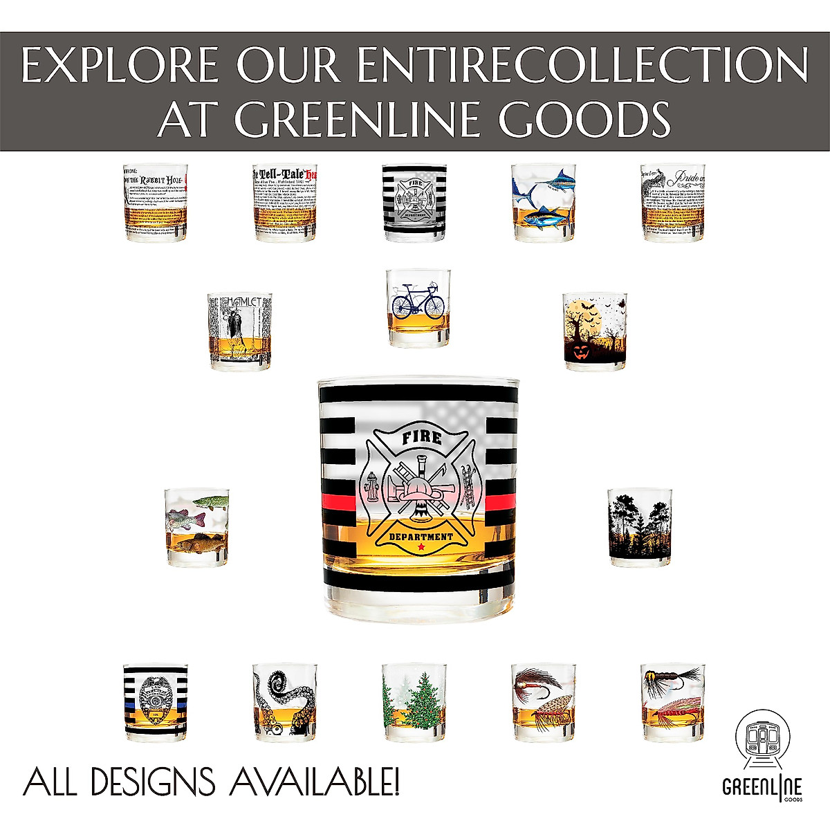 Greenline Goods Thin Red Line Firefighter Whiskey Old Fashioned Glasses (Set of 2) - 10 oz - Classic Glass Drinkware with Fire Fighter Flag Graphics -Shows Support for First Responders