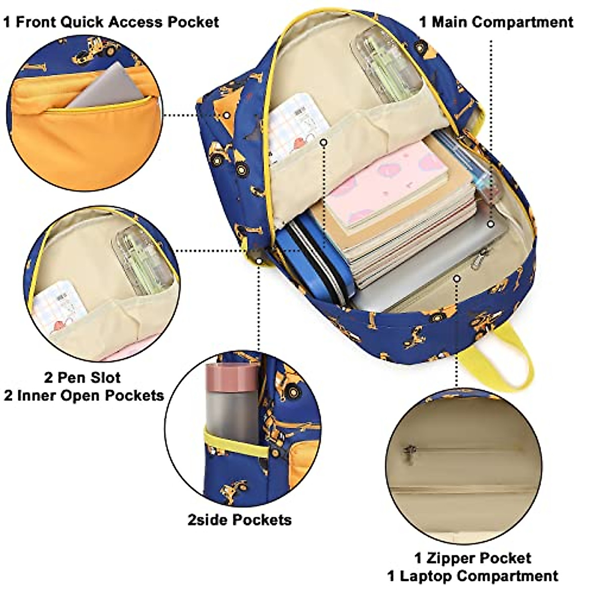 CAMTOP Backpack for Kids, Boys Preschool Backpack with Lunch Box Toddler Kindergarten Construction School Bookbag Set