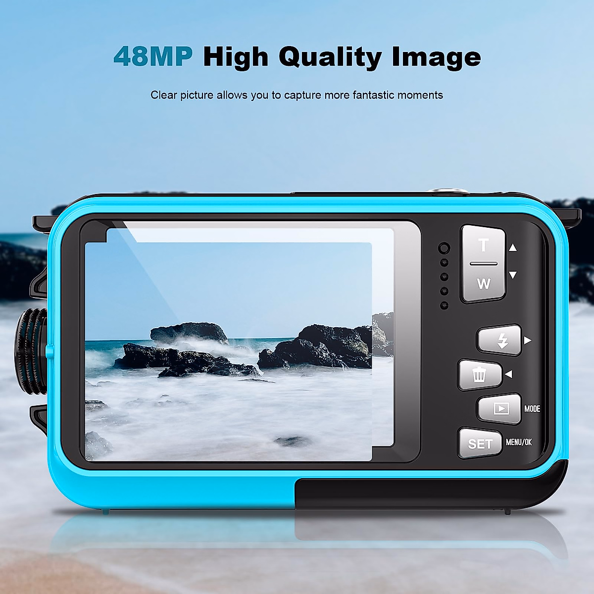 Waterproof Digital Camera 4K 48MP 11FT Autofocus 16X Digital Zoom Waterproof Camera with 32G Card Selfie Dual Screens Underwater Camera