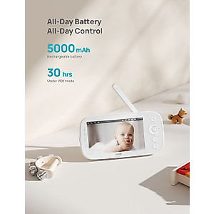 Dreo Baby Monitor, 5 Inches 720P HD Split Screen Video Baby Monitor with Camera and Audio, Infrared Night Vision, 2-Way Talk, Remote PTZ, 1000ft Range, 5000mAh Rechargeable Battery with VOX Mode