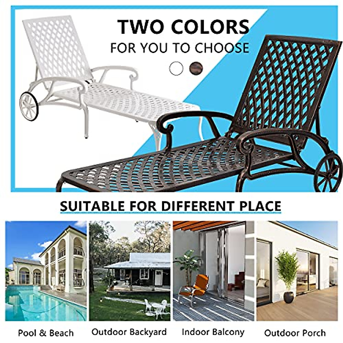 ROIYEIER Lounge Chairs for Outside, Chaise Lounge Outdoor Set of 2 Cast Aluminum with Adjustable Backrest and Moveable Wheels for Poolside Backyard Patio, Bronze