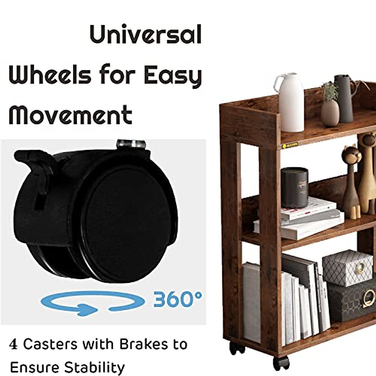 MIN WIN 3 Tier Open Bookshelf,Small Bookshelves Storage Display Shelf with Universal Wheels,Movable Standing Shelf Units,Wood Storage Rack for Small Spaces Home Office Bookcases Book Shelves,Antique