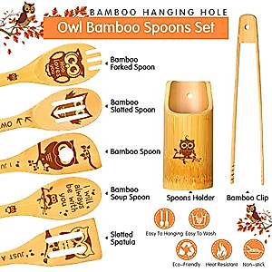 7 Pcs Owl Bamboo Cooking Spoons with Holder, Owl Kitchen Decor Owl Kitchen Gifts Owl Gift Cat Mom Gifts Owl Decor Owl Gifts for Owl Lovers, Women, Bamboo Cooking Housewarming Wedding Birthday