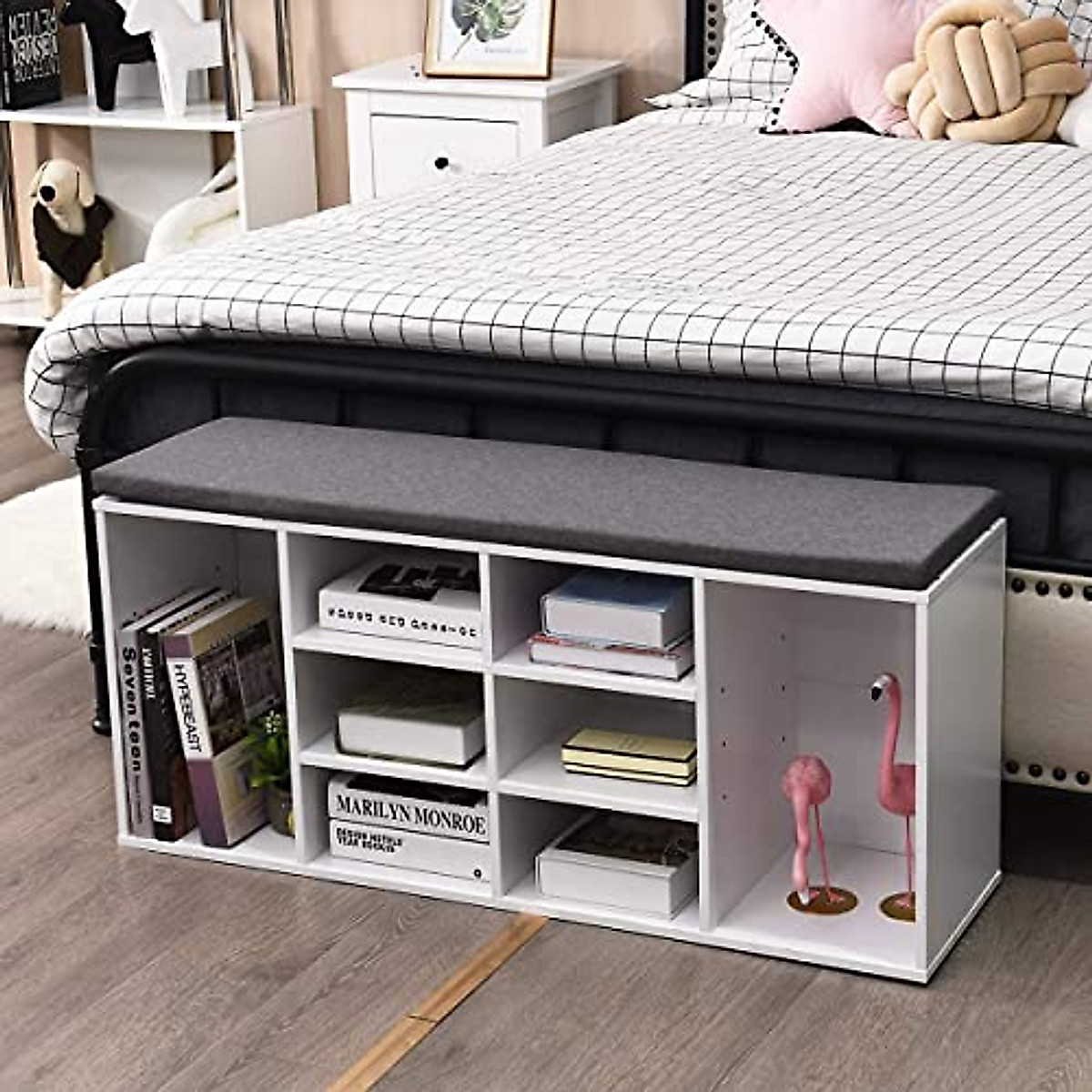 Giantex Shoe Storage Bench with Cushion, Entryway Shoe Rack Bench, Adjustable Shelves, 10-Cubbies Shoe Organizer Bench for Entryway, Living Room, Bedroom, Hallway, Closet, Mudroom (White)