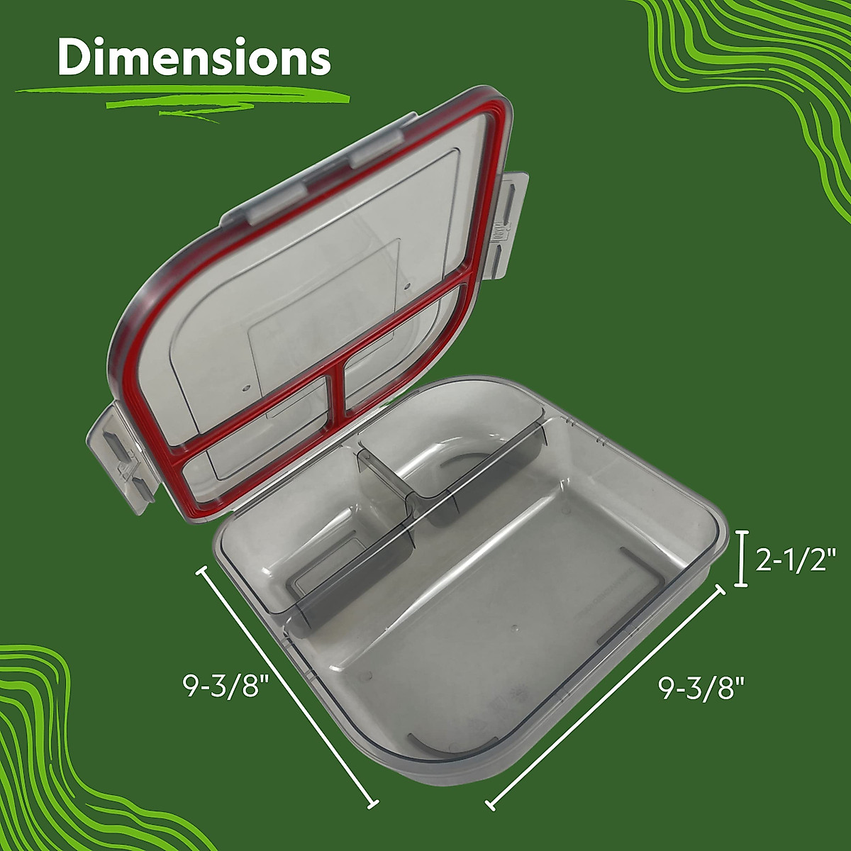 MyGo Container Large To-Go 3-Compartment Food Container, 9-3/8" X 9-3/8" X 2-1/2", Reusable, Microwave Safe, Smoke/Red