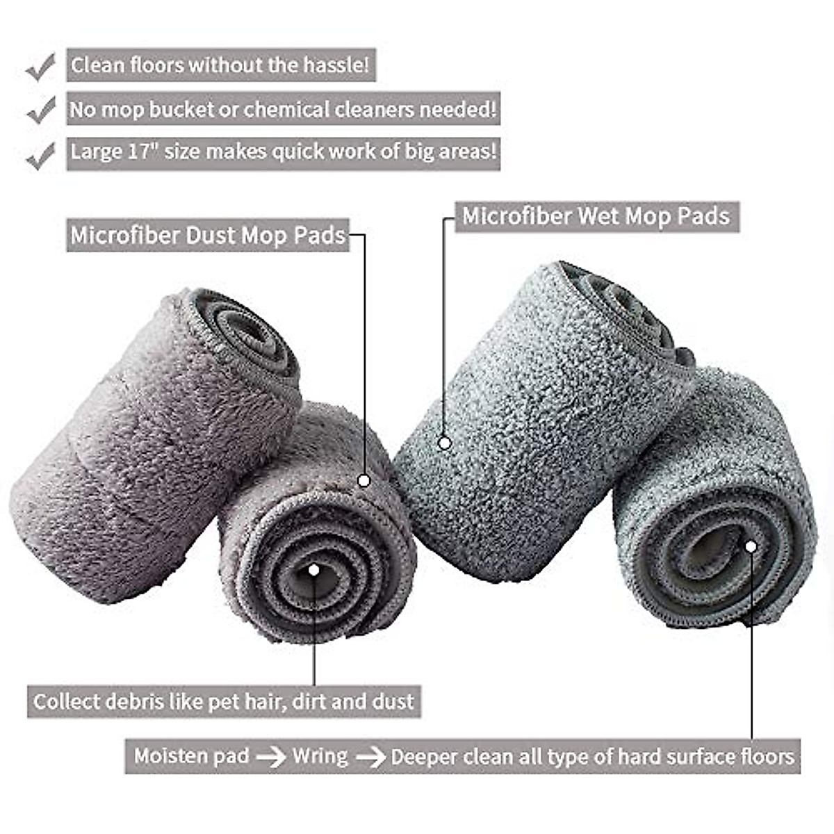 TAINER Microfiber Commercial Wet Mop Flat Floor Dust 17" 18" Inch for Hardwood Laminate Tile Cleaning, Stainless Handle and Alloy Mop Head - 4 Reusable Mop Pads + 1 Dirt Removal Scrubber (PT12-WHITE)