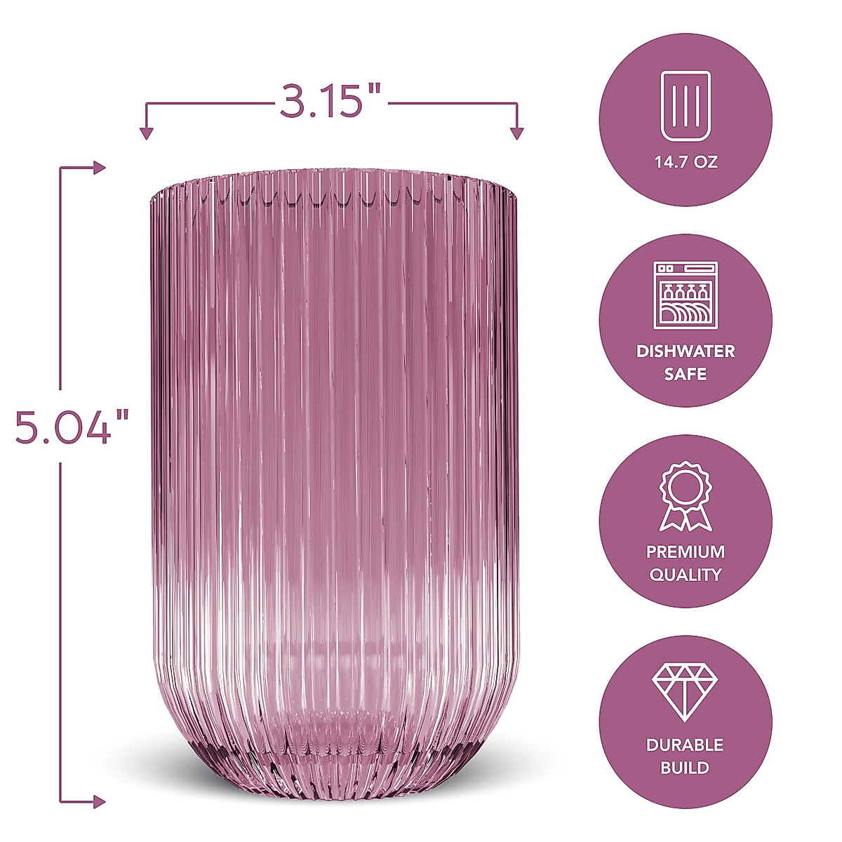 Greenline Goods Ribbed Drinking Glasses Set of 4 – 14.7 oz Mulberry Ribbed Glassware Sets – Fluted Glassware & Glass Cups Set, Versatile Glasses Drinking Set for Everyday Use and Special Occasions