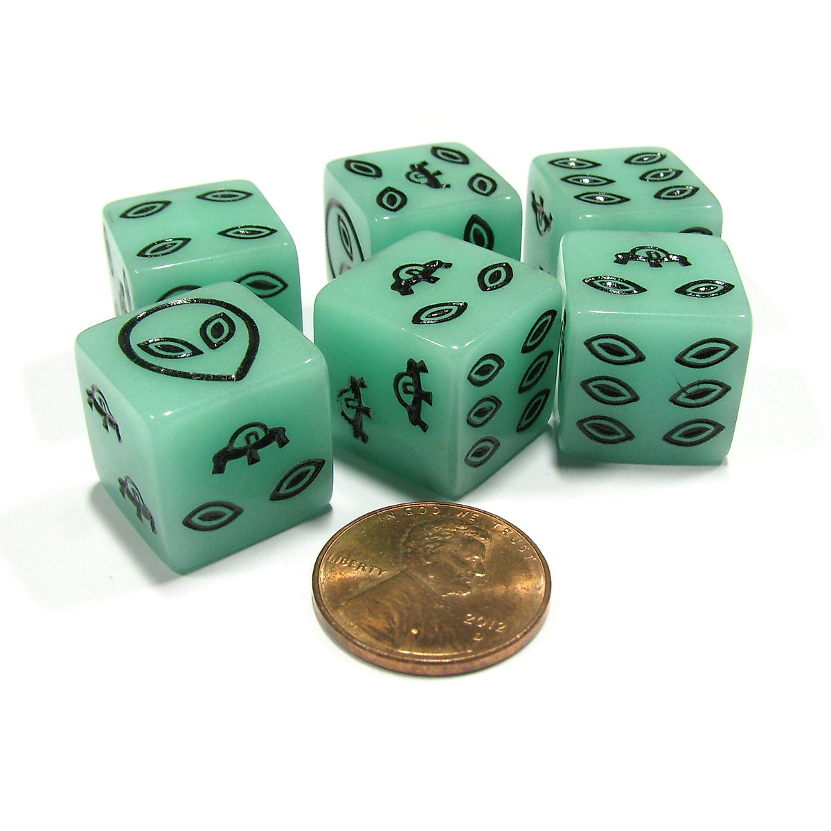 Set of 6 Alien UFO 16mm D6 Koplow Games Dice - Green with Black Etches