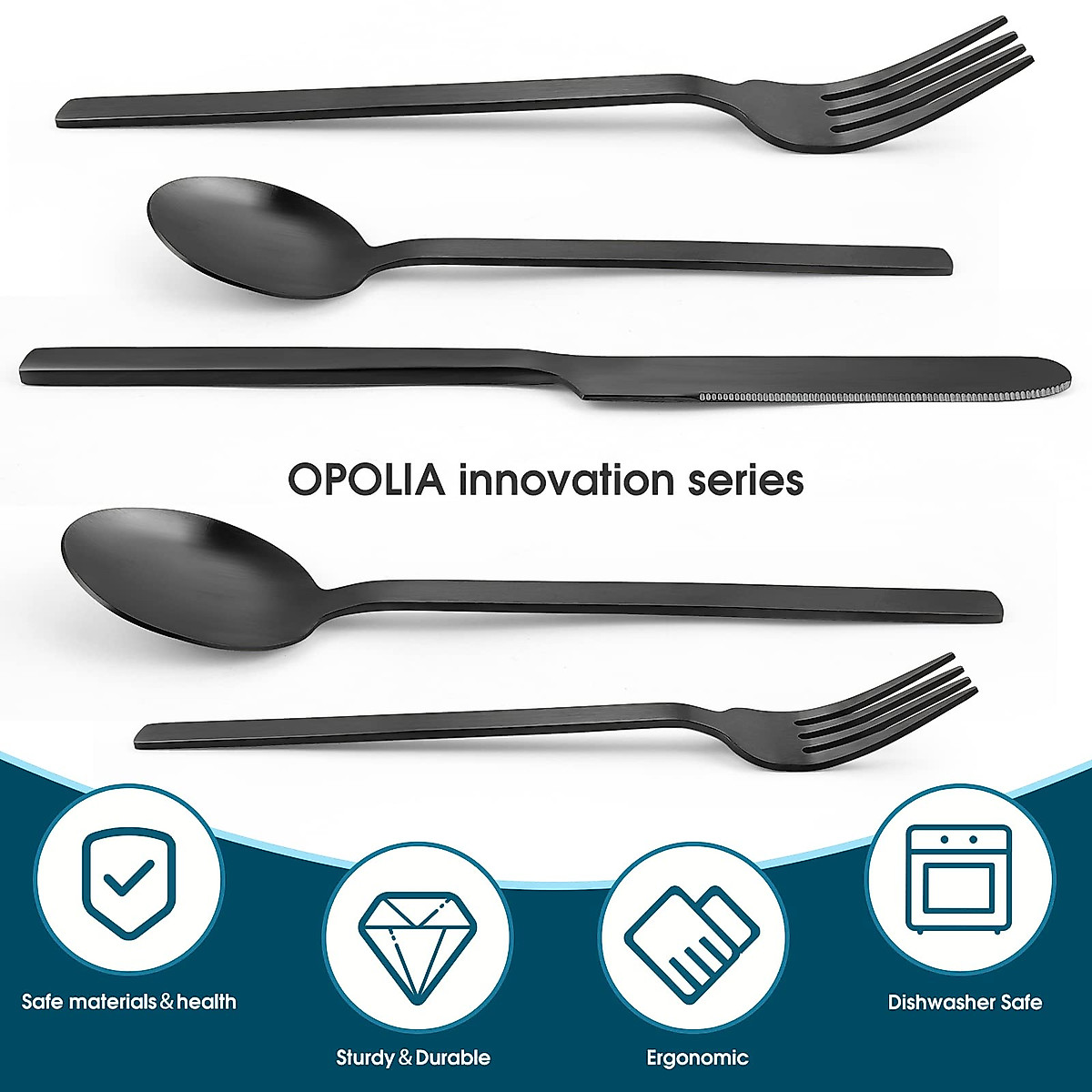 Matte Black Silverware Set，OPOLIA 30-Piece Stainless Steel Flatware Cutlery Set for 6，Stain Finish Tableware Eating Utensils, Food Grade, Dishwasher Safe