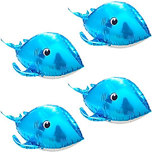 Cute 4D Whale Balloons Under The Sea Decorations Ocean Balloons, 4 Pack Gaint 37'' Whale Shape Mylar Foil Balloons Sea Animal Balloons Fish Balloons Beach Party Supplies, Blue