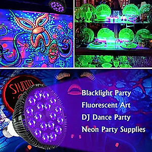 KINGBO Black Light Bulbs, 2 Pack 36W LED Blacklight Bulbs E26 PAR38 Glow in The Dark, UV Black Bulb 395nm LEDs for Blacklight Party, Fluorescent Art, Holiday Decorations, Acrylic Pouring Light