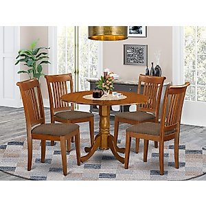 East West Furniture Dublin 5 Piece Dinette Set for 4 Includes a Round Room Table with Dropleaf and 4 Linen Fabric Upholstered Dining Chairs, 42x42 Inch, Saddle Brown