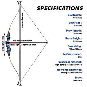 OBTOUTDOOR Black Hunter Original Takedown Recurve Bows for Adults Archery Recurve Bow Set 60" 20-60 lbs Right Hand for Outdoor Targets Practice Hunting Training Competition (Blue-60lbs)