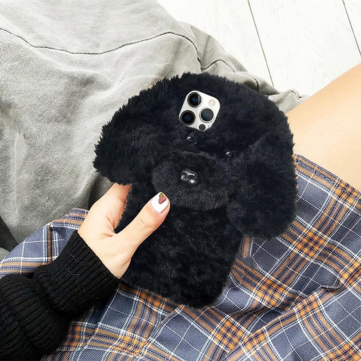 Losin Compatible with iPhone 12 Case Cute Plush Furry Dog Phone Case for Women Girls Girly 3D Cartoon Kawaii Case Soft TPU Shockproof Protective Cover Black