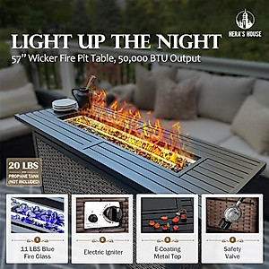 HERA'S HOUSE Patio Furniture Sets, Outdoor Wicker Furniture Set with 56" Fire Pit Table, 8 Pieces Sectional Conversation Sofa Set with Ottomans for Garden Poolside Backyard, Brown Rattan Blue Cushions