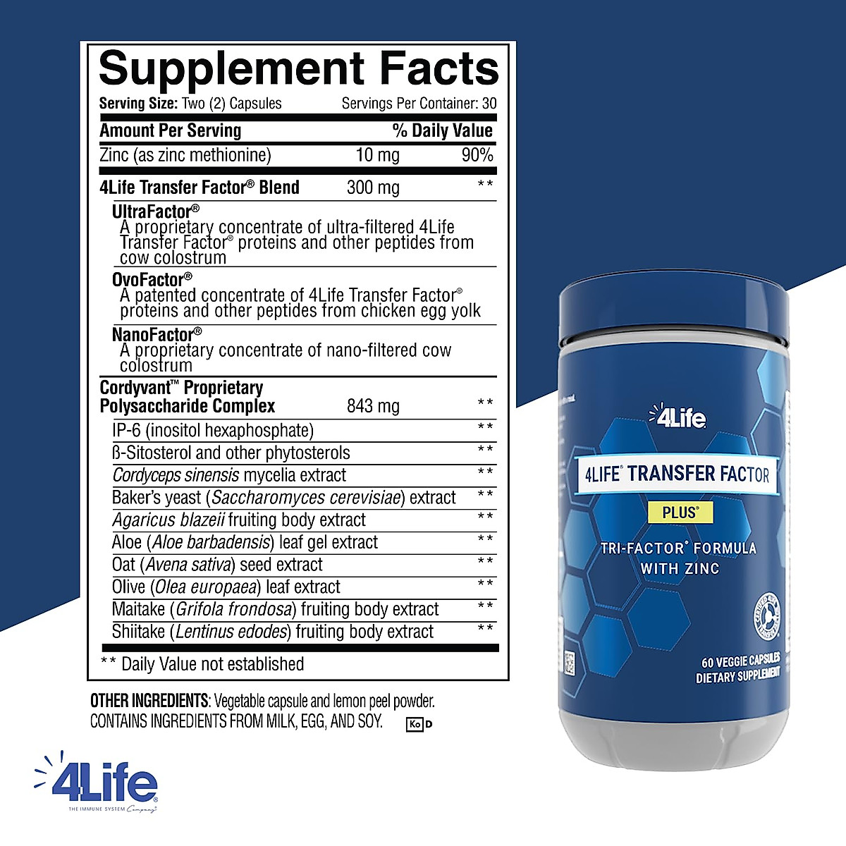 4Life Transfer Factor Plus - Support with Zinc, Super Mushroom Blend (Maitake, Shiitake, Agaricus), and Colostrum & Egg Yolk Extracts - 60 Capsules