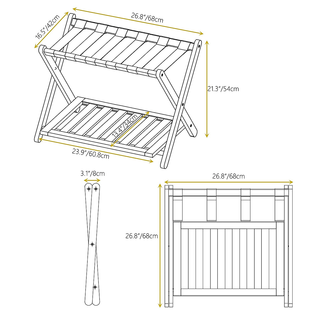 BAIDE PACK Wood Luggage Rack Stand for Guest Room, Folding Suitcase Holder Stand with 6 Support Straps for Home Bedroom Travel, Bamboo