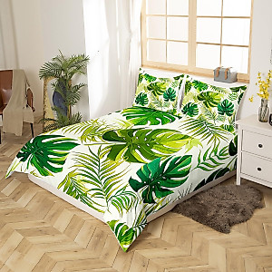 Erosebridal Botanical Leaves Comforter Cover Tropical Bedding Tree Duvet Cover Set Queen Size Green Palm Leaves Bedclothes Jungle Branches Leaf Duvet Cover+ 2 Pillow Shams for Kids Adult Room Decor
