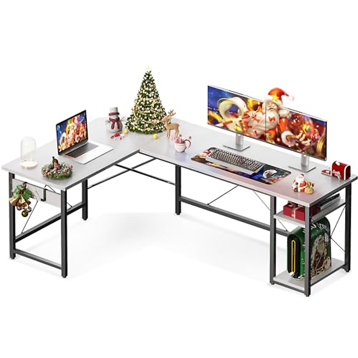 Coleshome L Shaped Computer Desk 66" with Storage Shelves, Corner Gaming Desk, Sturdy Writing Desk Workstation, Modern Wooden Office Desk, Wood & Metal, White