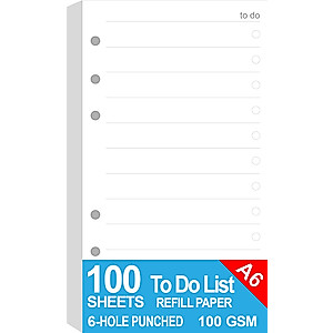 A6 To Do List Refills for Filofax Personal Size Planner/Binder, 6 Hole Punched, 100 Sheets/200 Pages, To Do Planner with Check List Organizing, 100gsm, White, 3.74 x 6.73 Inch