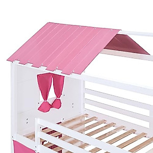 BOVZA Twin Over Twin House Bunk Bed with Tent, Kids Bunk Bed with Roof Elegant Windows and Sills, Wood Playhouse Tent Loft Bed Frame for Teens Boys Girls, Pink+White