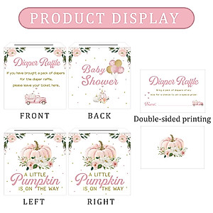 Diaper Raffle Card Box with 50 Pcs Pumpkin Diaper Raffle Tickets, Autumn Floral Pumpkin Diaper Raffle Card Box for Baby Shower Games Gender Reveal Party Invitation Insert Card Game (Pink)