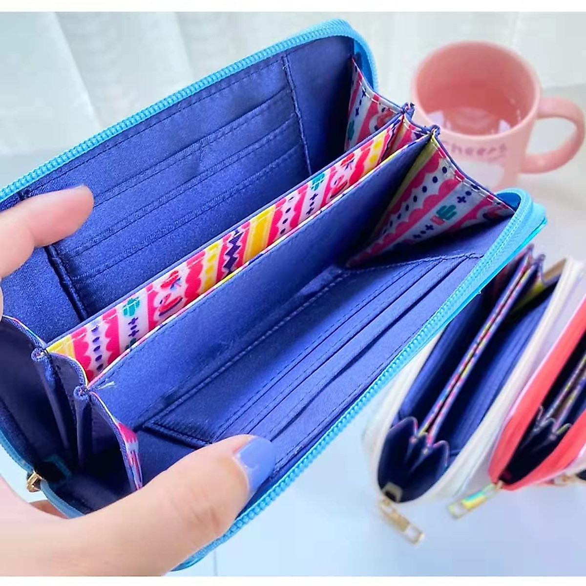 NC Slim Pink wallets for Girls Women, Cute Holographic Luminous Zipper Card Holder Cellphone Handbag Clutch Purse Wallet for Little Girls