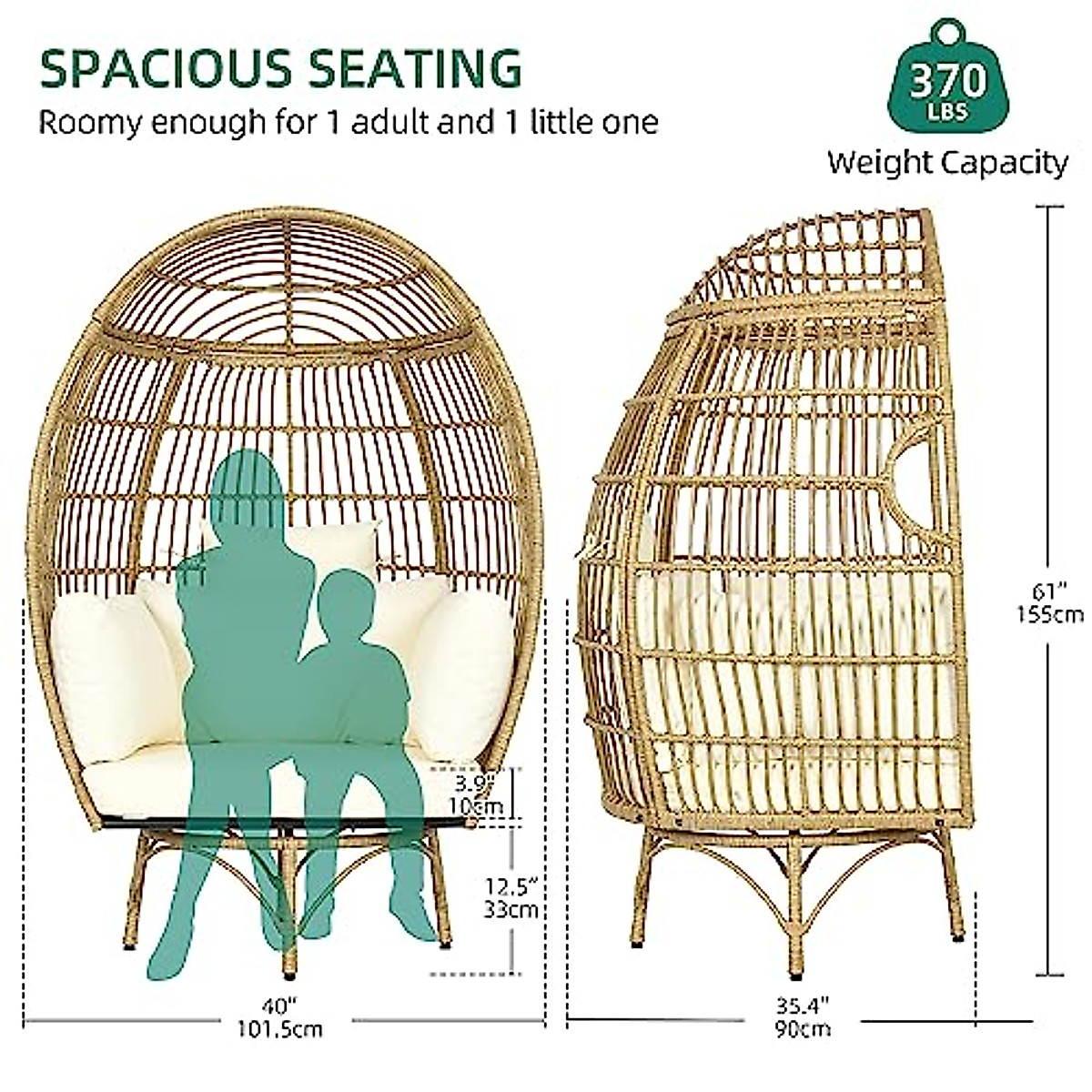 YITAHOME Swivel Outdoor Egg Chair, Wicker Patio Rotating Basket Chair with 370lbs Capacity, All-Weather Oversized Stationary Egg Lounger Chair for Indoor Living Room Outside Balcony Backyard (Beige)