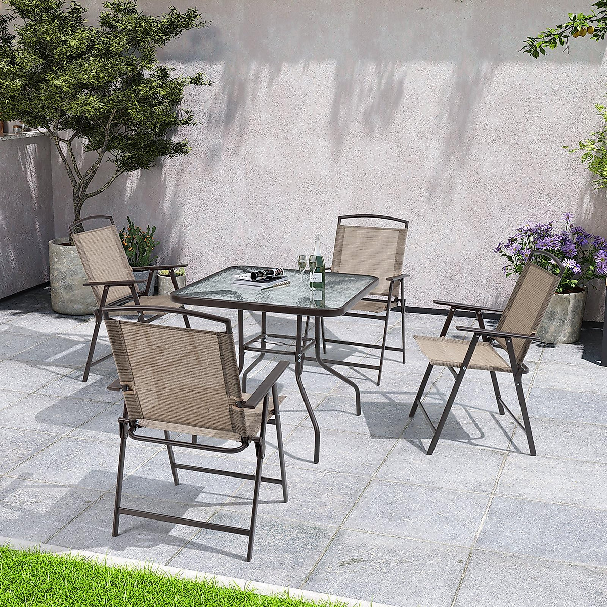 Crestlive Products Set of 4 Patio Folding Chairs 4-Pack Dining Chairs Outdoor Portable Sling with Armrest for Camping, Beach, Garden, Pool, Backyard, Deck (Beige)