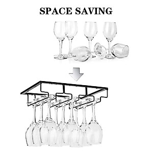 FOMANSH Wine Glass Rack - Under Cabinet Stemware Wine Glass Holder Glasses Storage Hanger Metal Organizer for Bar Kitchen Black