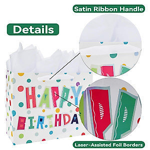 13" Large Colorful Gift Bag Set with Greeting Card and Tissue Paper (Foil Laser Border Happy Birthday) for Women's, Men's, Girls, Boys, Baby Shower