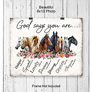 Rustic Religious Horse Wall Art - Inspirational Spiritual Scripture Christian Boho Farmhouse Poster - Girls Bedroom Decor - God Says You Are - Shabby Chic Decoration - Country Western Gift for Women