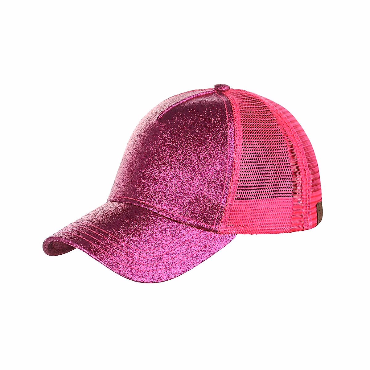 C.C Ponycap Messy High Bun Ponytail Adjustable Glitter Mesh Trucker Baseball Cap, Hot Pink