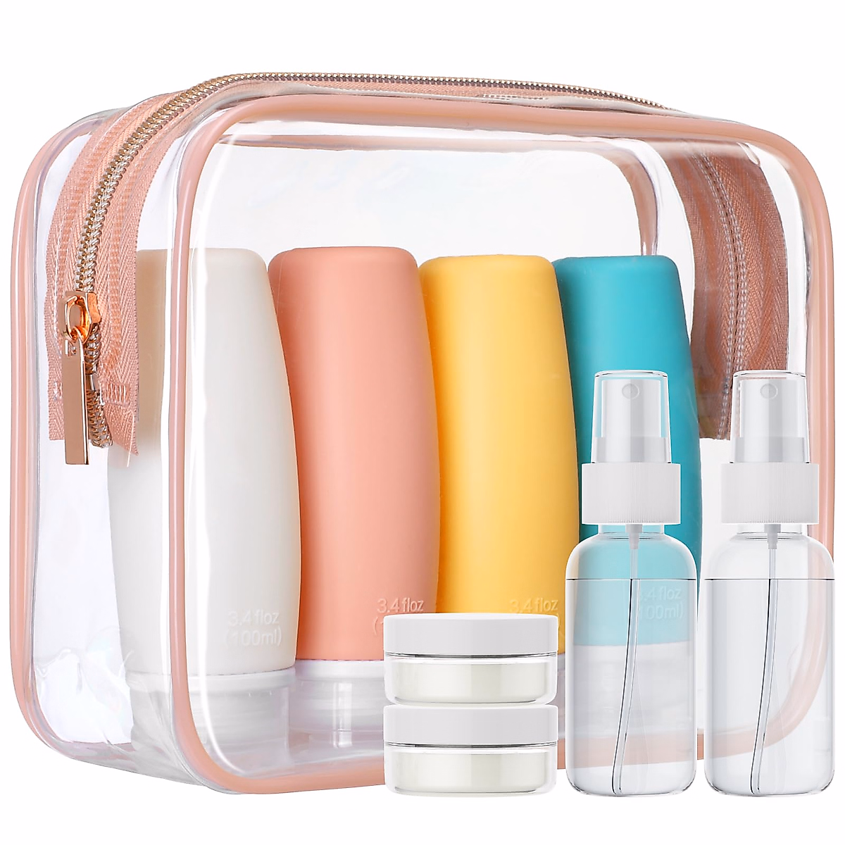 PACKISM TSA Approved Toiletry Bag with Bottles - Travel Essentials 8 Pack Leakproof 3.4oz Silicone Travel Bottles for Toiletries, Shampoo Conditioner Lotion Body Wash BPA Free, Pink