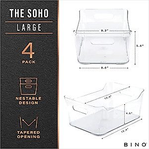 BINO | Plastic Organizer Bins, Large - 4 Pack | The SOHO Collection | Multi-Use Organizer Bins | Pantry Organizer & Freezer Organizer Bins | Plastic Storage Containers | Bins for Home & Kitchen Org