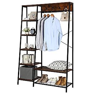 Kcelarec Clothing Rack with Hooks, Clothes Rack with Storage Shelves, Freestanding Clothing Rack, Garment Rack, Standing Metal Sturdy Clothing Rack, Small Space Storage Solution (Style 1)