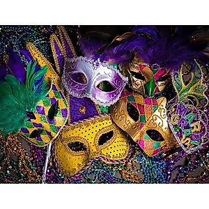 Vinyl 8X6FT Purple Green Gold Beads Masquerade Party Photography Backdrop for Carnival Fiesta Mardi Gras Dance Photo Background Supplies Children Birthday Photo Booths Props Decorations
