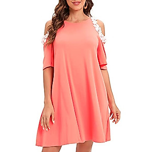 Aofur Summer Cotton Lace Dress Ladies 2023 Cold Sleeve Casual Plus Size S-XXXL Sundress Women Solid Elegant Party Dress(XX-Large,Light Red)