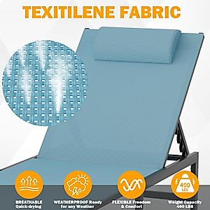 WOAJNQO Chaise Lounge Chair Outdoor,Aluminum Patio Lounge Chairs,Lounge Chairs with 5 Adjustable Backrest and Headrest Pillows for Outside Beach,Blue