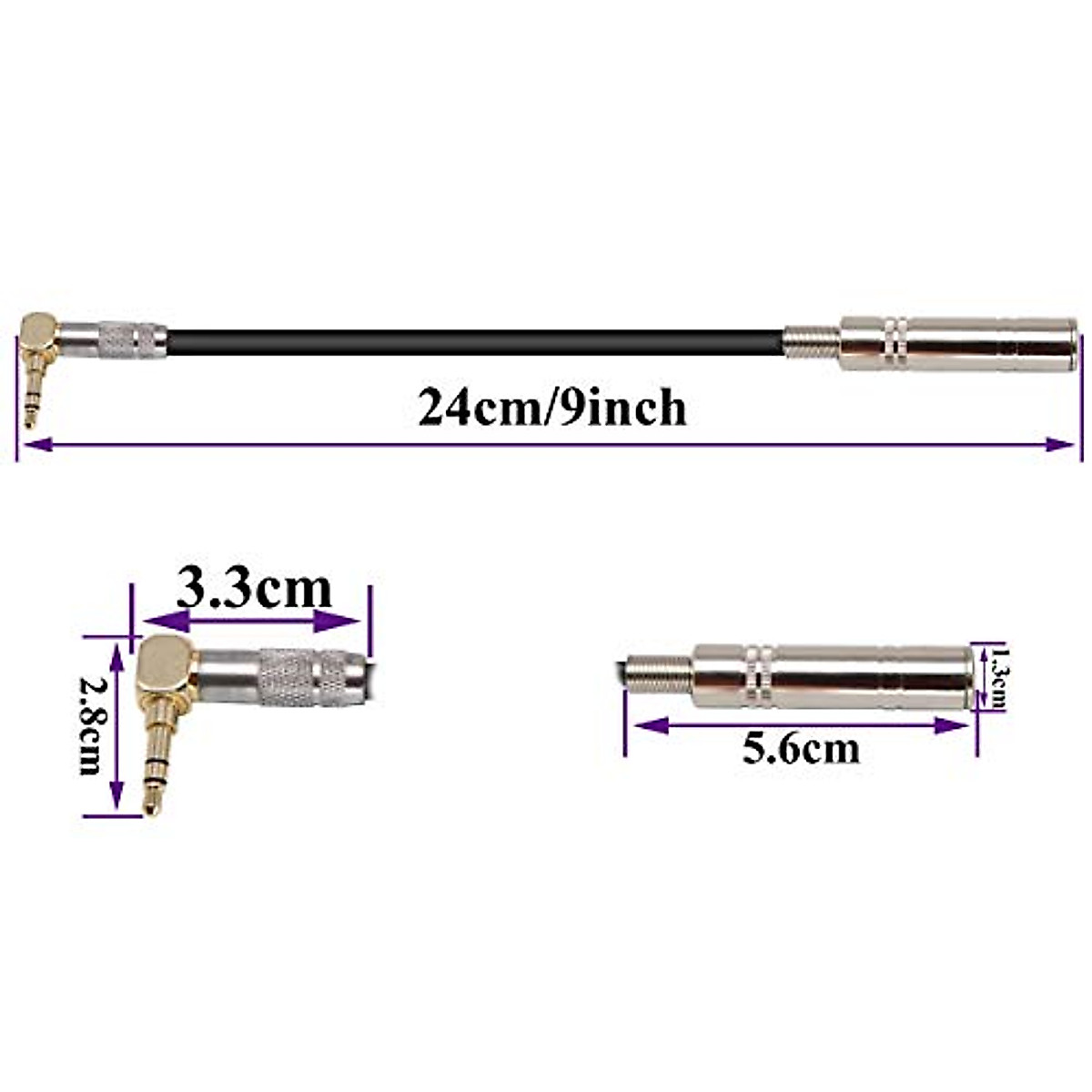 AAOTOKK 90 Degree 1/8 to 1/4 Stereo Adapter Cable, TRS 90 Degree 3.5mm Male to 6.35mm Female Stereo Audio Adapter for Amplifiers, Guitar,Home Theater Devices,Laptop etc.(9inch/24cm）