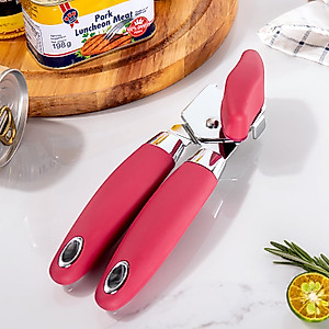 Can Opener Manual, TJ POP Can Opener, Heavy Duty Hand Held Can Openers, Stainless Steel Can Opener Smooth Edge, Easy Turn Knob, with Bottle Opener, Kitchen Gadgets Red