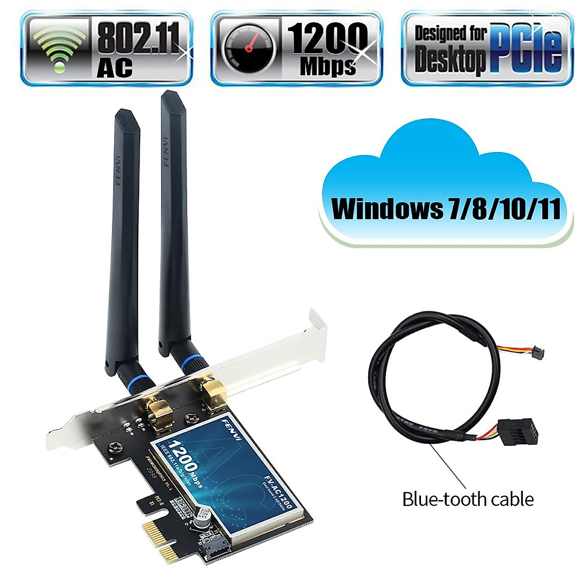fenvi PCIe Network Card 1200Mbps Desktop Wireless-AC PCI-E Dual Band Gigabit Wi-Fi Adapter 802.11ac 5GHz 867Mbps 2.4GHz 300Mbps BT4.0 for PC Windows