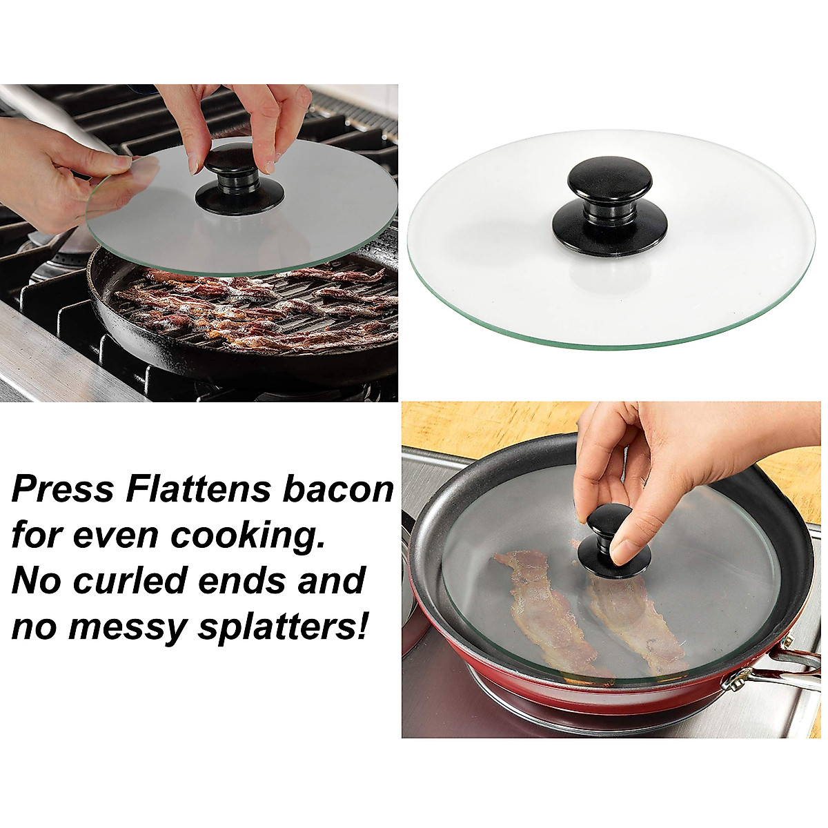 Home-X - Bacon and Eggs Cookware Set Includes Two Stainless Steel Egg Rings and Clear Tempered Glass Bacon Press