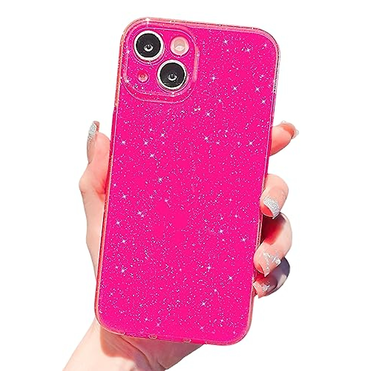 Finyosee Compatible with iPhone 13 Mini Case 5.4 inch, Cute Neon Bright Color,Glitter Bling Thin Slim Shockproof Silicone Sparkly Case, Soft TPU Phone Case for Women Girl-Hot Pink